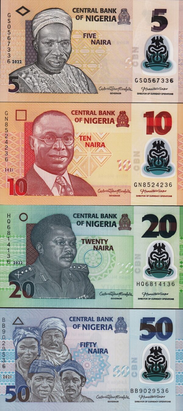 Nigeria 4 Pcs SET, 5 10 20 50 Naira 2021 2022, aUNC, POLYMER, P-New ...