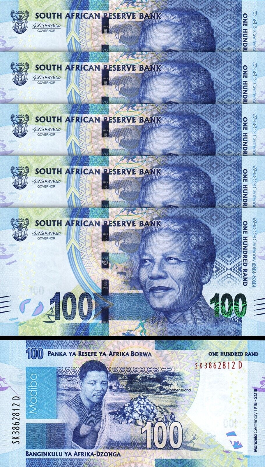 South Africa 100 Rand 2018 UNC 5 Pcs LOT Comm Mandela Birth
