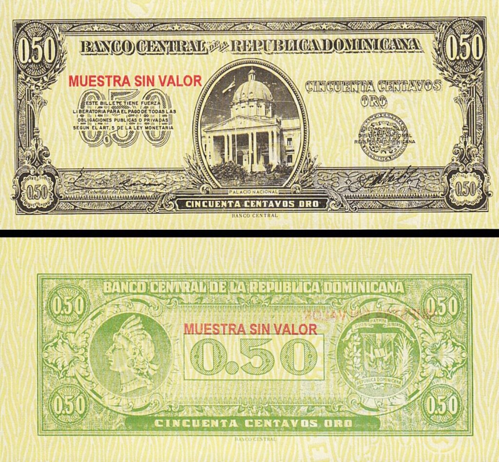 Dominican Republic 50 Centavos Oro 1961, UNC, P-90s, SPECIMEN, Yellow ...