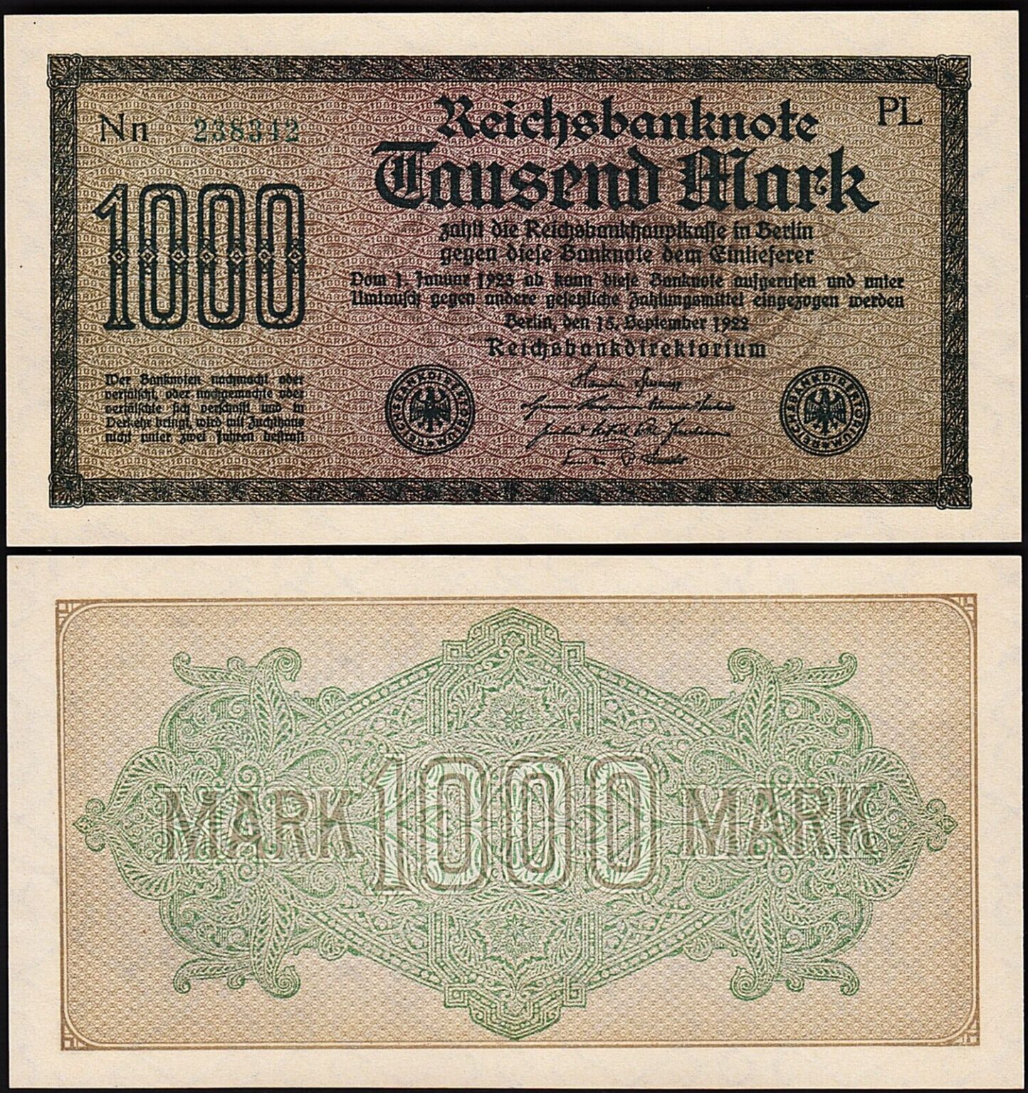 Germany 1000 Mark 1922, UNC, P-76, With Completely Watermark – Fortumor ...