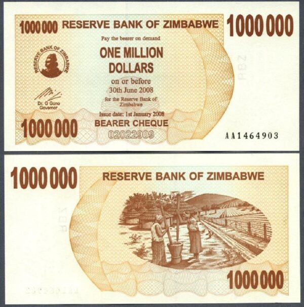Zimbabwe 1000000 , 1 Million Dollars 2008, UNC- P-53, Bearer Cheque ...