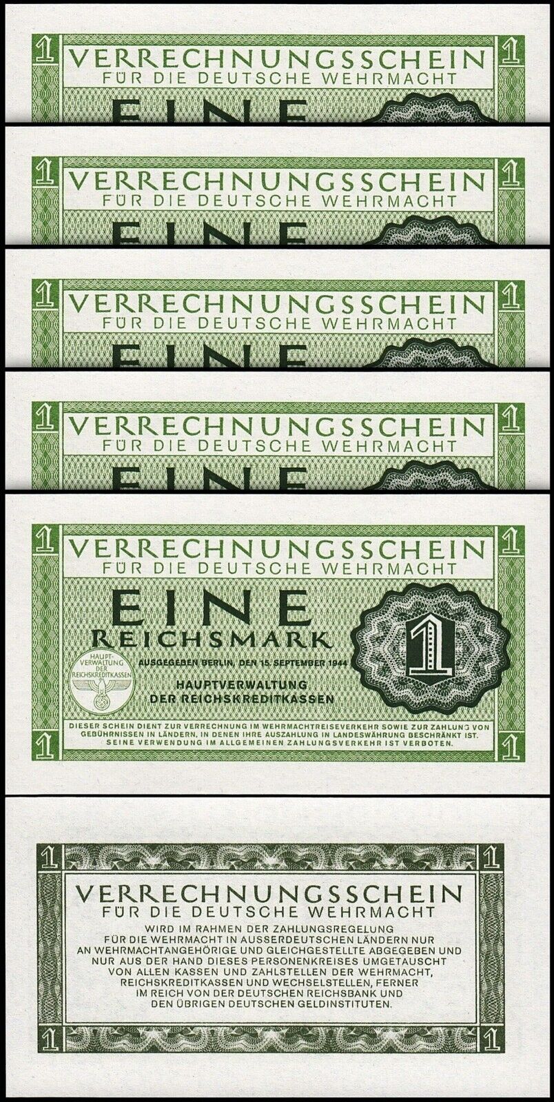 Germany 1 Reichsmark 1944, UNC, 5 PCS LOT, P-M38, Completely Watermark ...