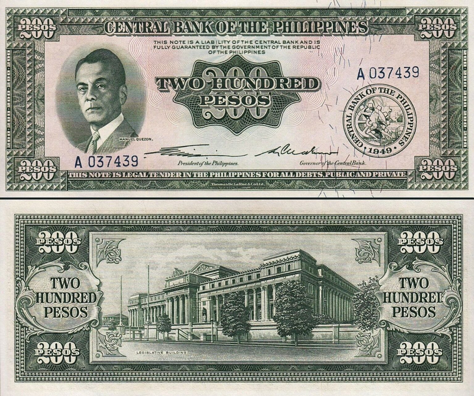 Philippines 200 Pesos, 1949, Unc, P-140, Prefix A – Fortumor Numismatic ...