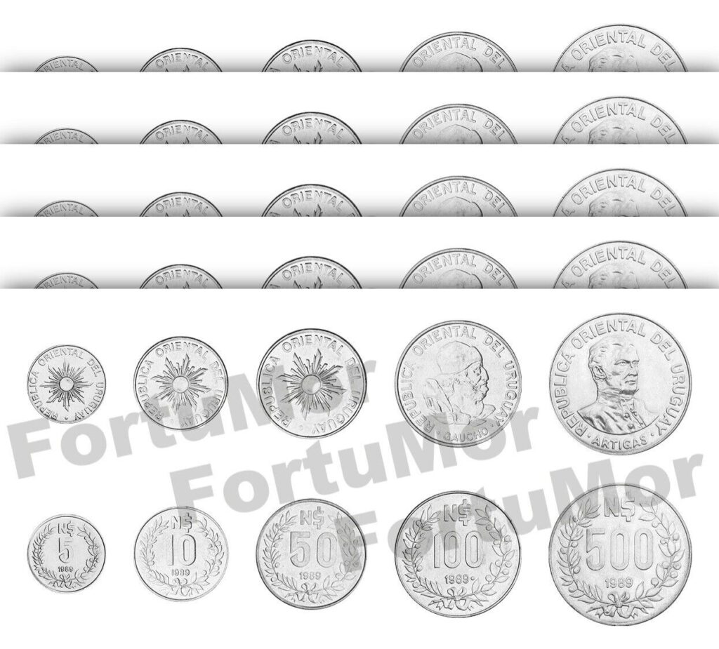 Uruguay 5 x 5 Pcs Coin Set, 5 10 50 100 500 Nuevos Pesos 1989, UNC ...